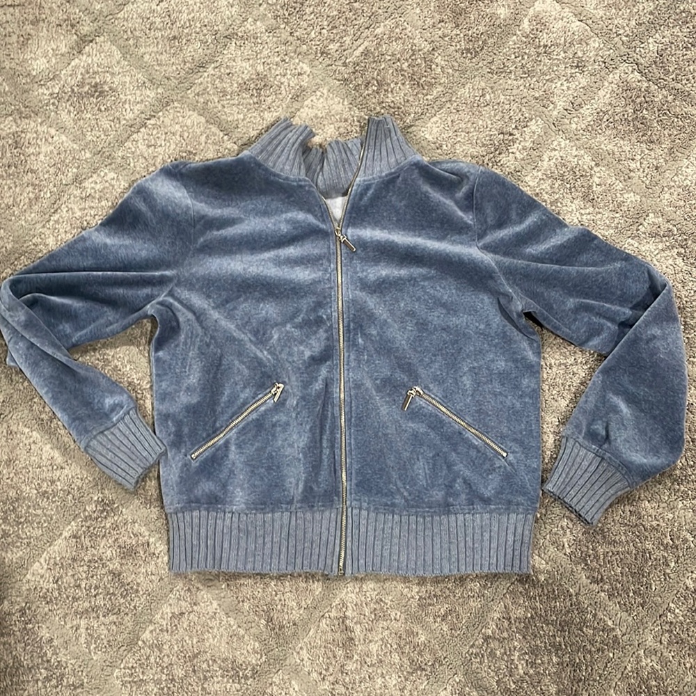 Dusty Blue Velour Zipper Retro Tracksuit Jogging Swea… - Gem